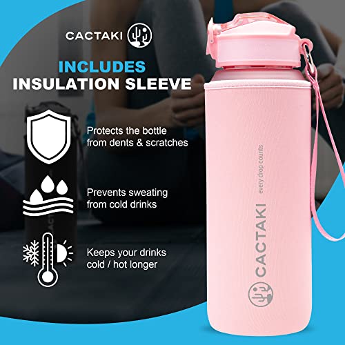 Cactaki 32 oz Water Drinking Bottle with Time Marker - Stay Hydrated - Hydration Tracker & Reminder to Drink With Hourly Measurement Markings - Leak Spill Proof & BPA Free