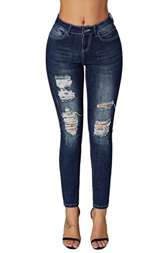 roswear Women's Ripped Mid Rise Destroyed Skinny Jeans Slate Blue XX-Large