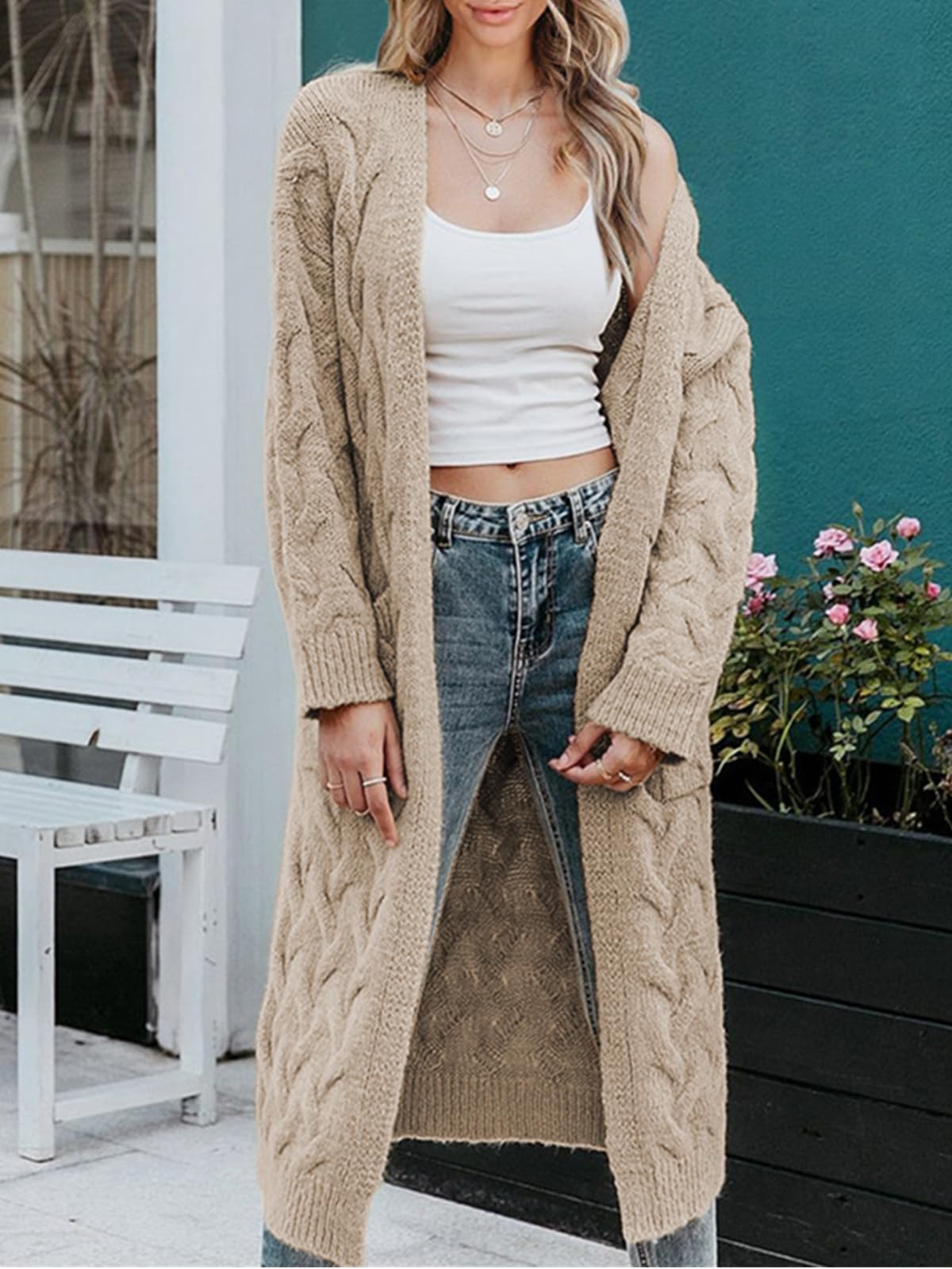 ZIWOCH Women's Long Cardigan Coats Cable Knit Casual Open Front Long Sleeve Loose Sweater with Pockets Beige