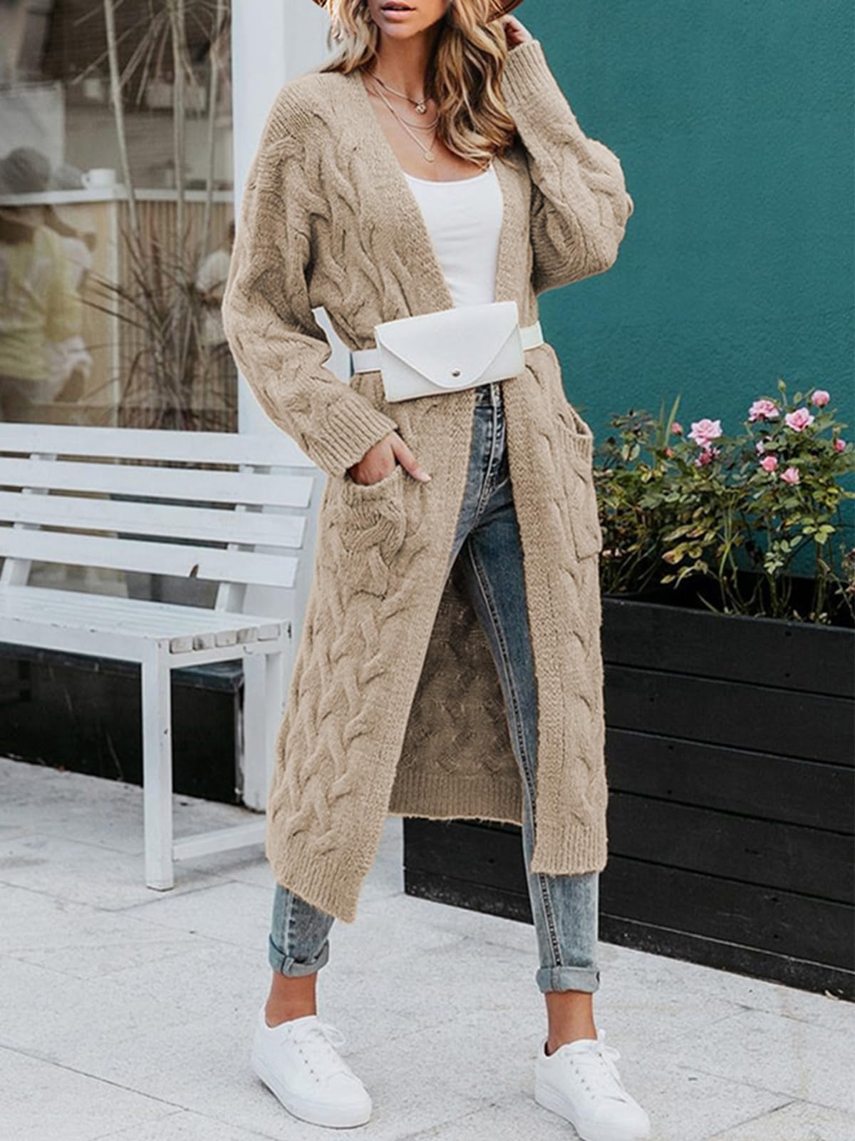ZIWOCH Women's Long Cardigan Coats Cable Knit Casual Open Front Long Sleeve Loose Sweater with Pockets Beige