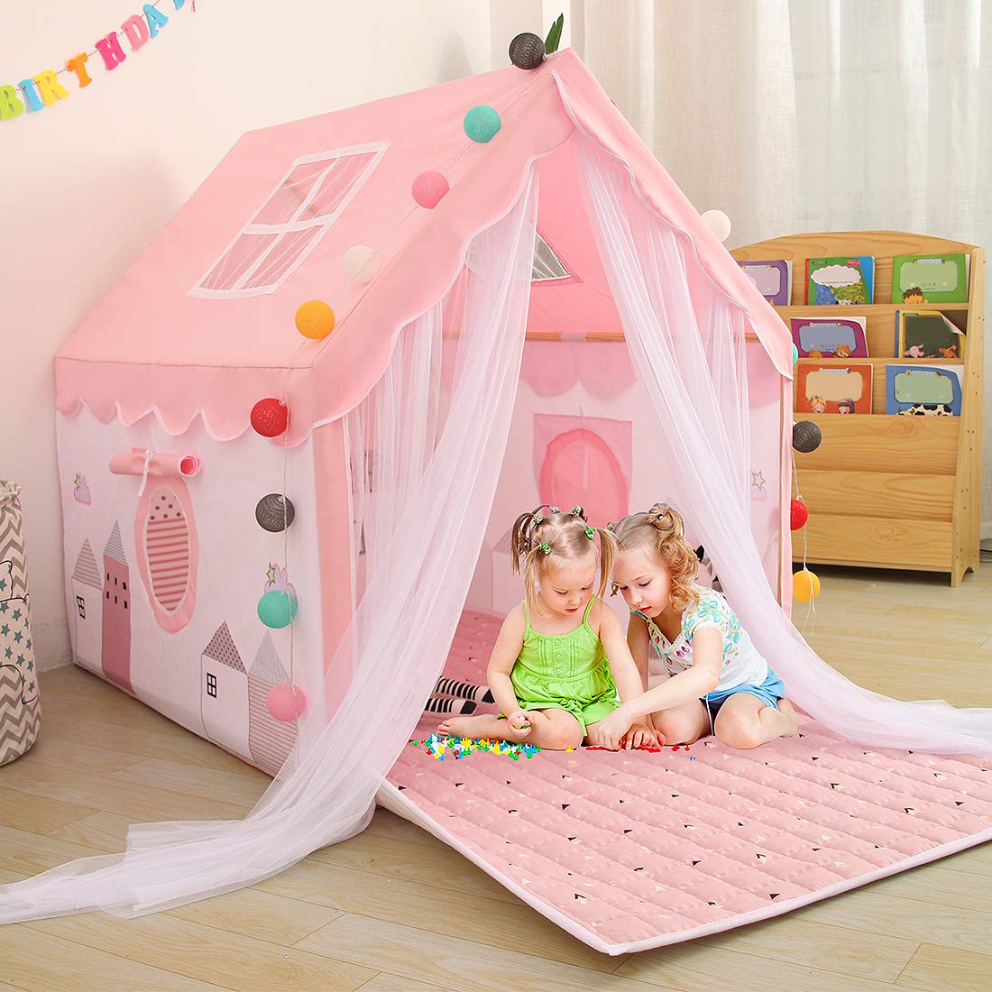 YOIKO Kids Tents Indoor Playhouses Girls 9.9Ft Star String Lights Pink Tent for Girls Upgraded Large Kids Indoor Tents and Playhouses Longer Curtain with Colorful Accessories Decoration 50.4" x 47.3"