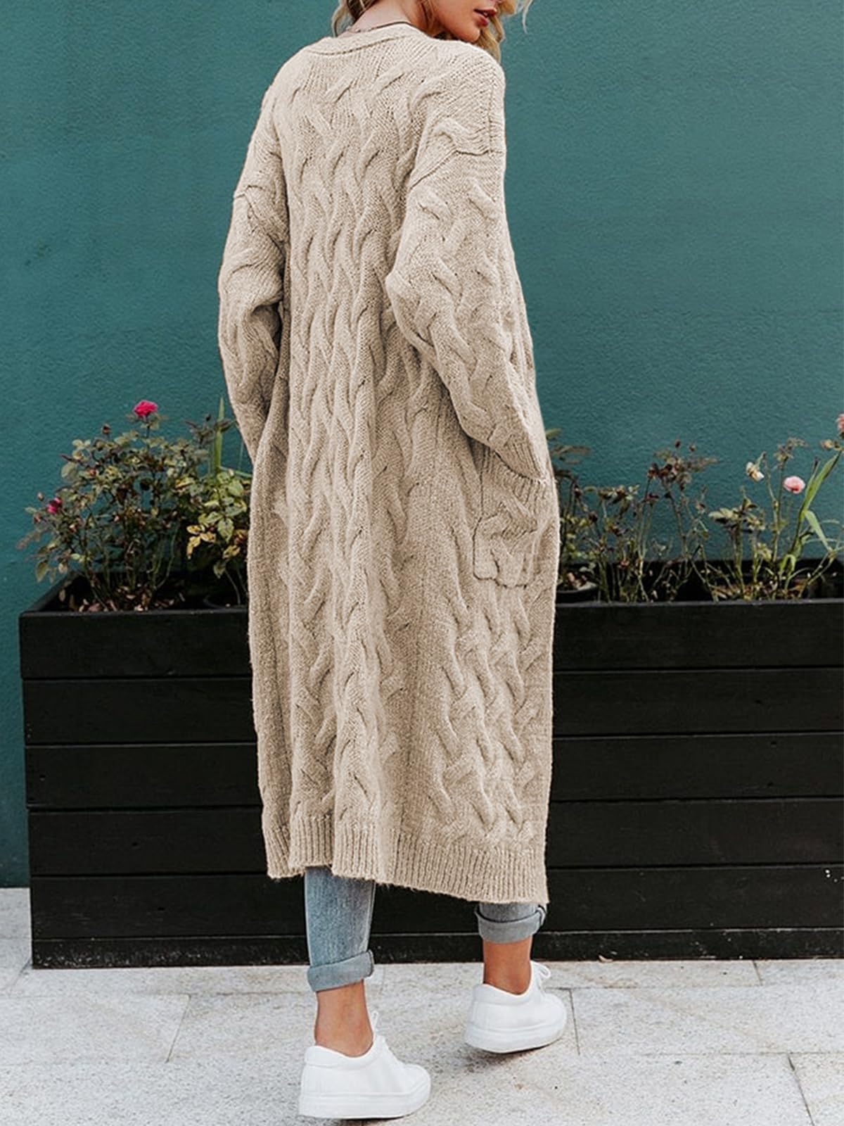 ZIWOCH Women's Long Cardigan Coats Cable Knit Casual Open Front Long Sleeve Loose Sweater with Pockets Beige