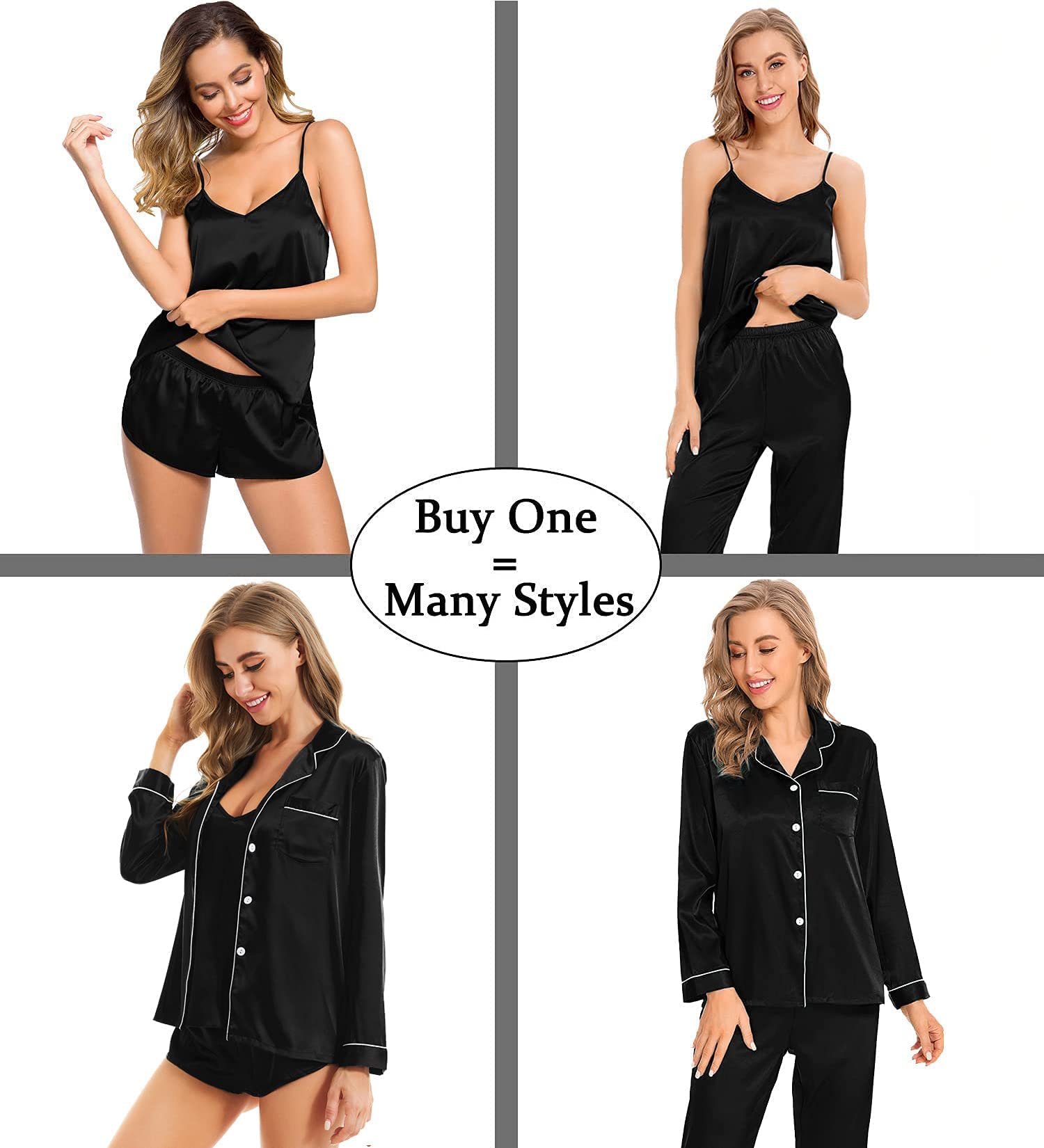 SWOMOG Women Satin Pajamas 4pcs Pajama Set Sexy Cami Shorts Set and Button Down Long Sleeve Pjs Loungewear Sleepwear Black,Small