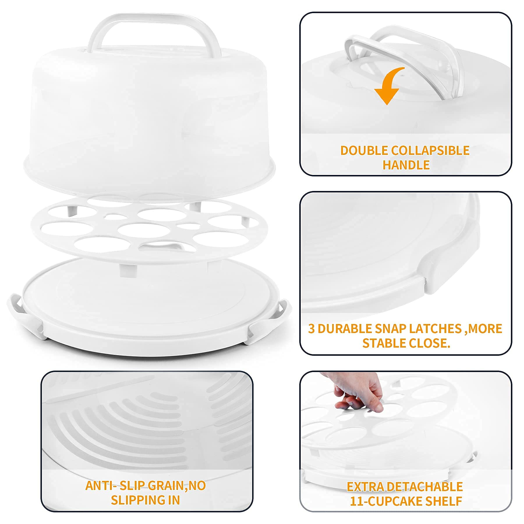 HOYA PONYOO Portable Cake Carrier with Handle, Round Cupcake Holder with Lid, Plastic Storage Container Box fit 10 inch Cake, 3-Locking Muffin and Pies Keeper with Cover (White)