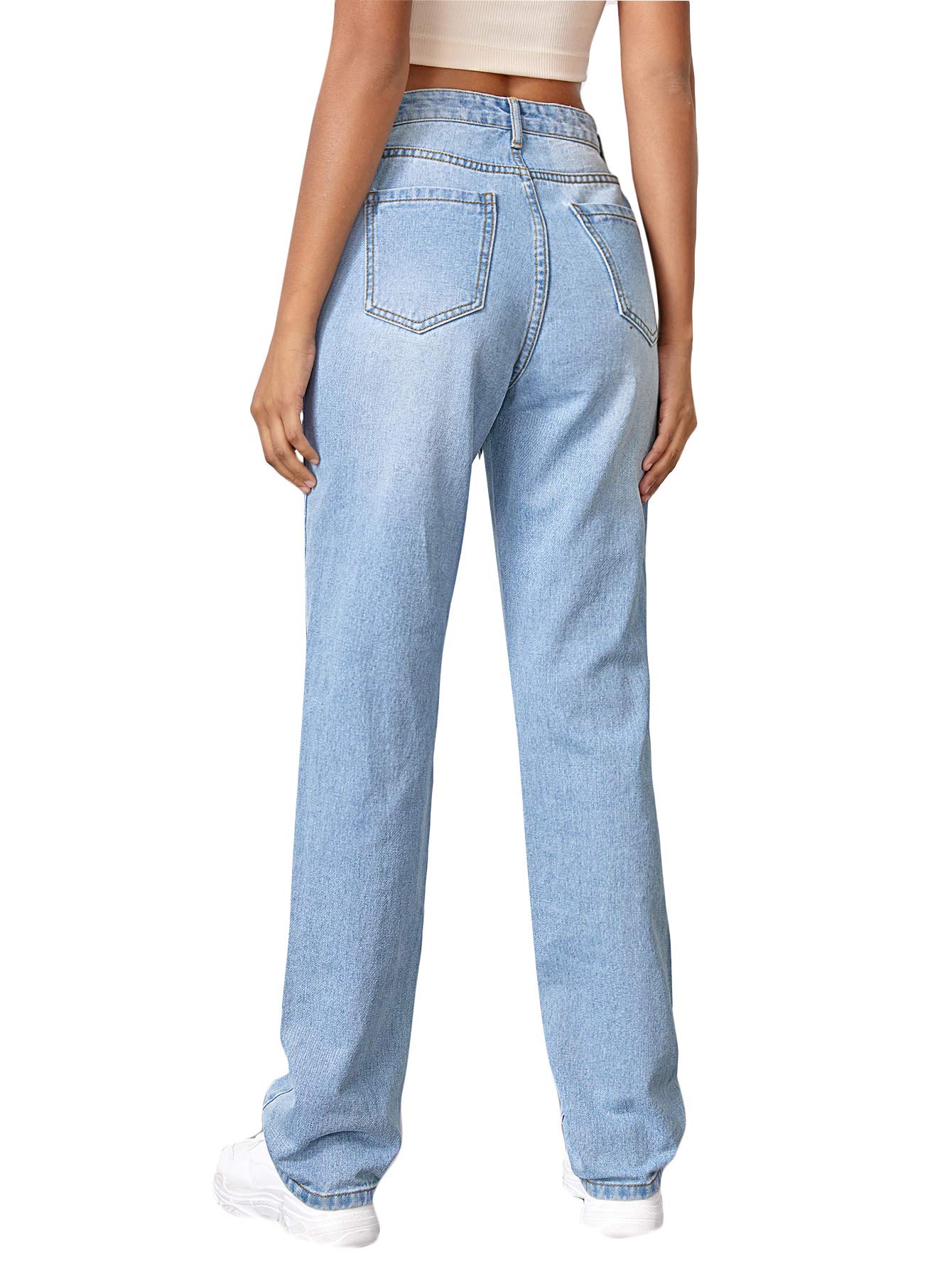 SweatyRocks Women's Ripped Straight Leg Jeans High Waist Distressed Cutout Denim Pants Light Blue S