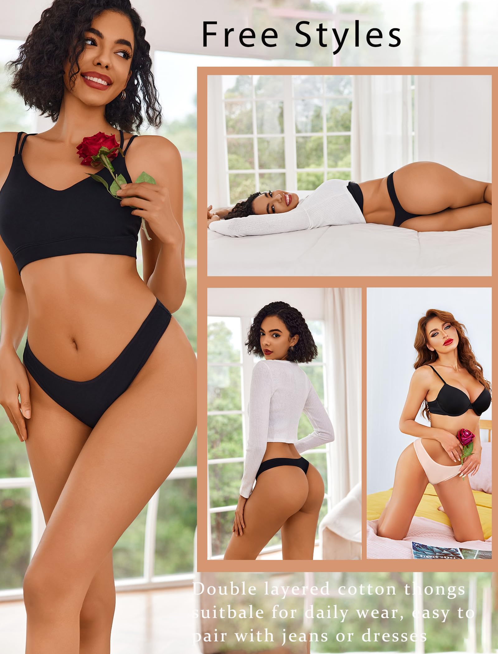 Ekouaer Thong Underwear Women Invisible Underpants No Show Seamless G-String Cotton Thongs 6 Pack Black XL Underwear