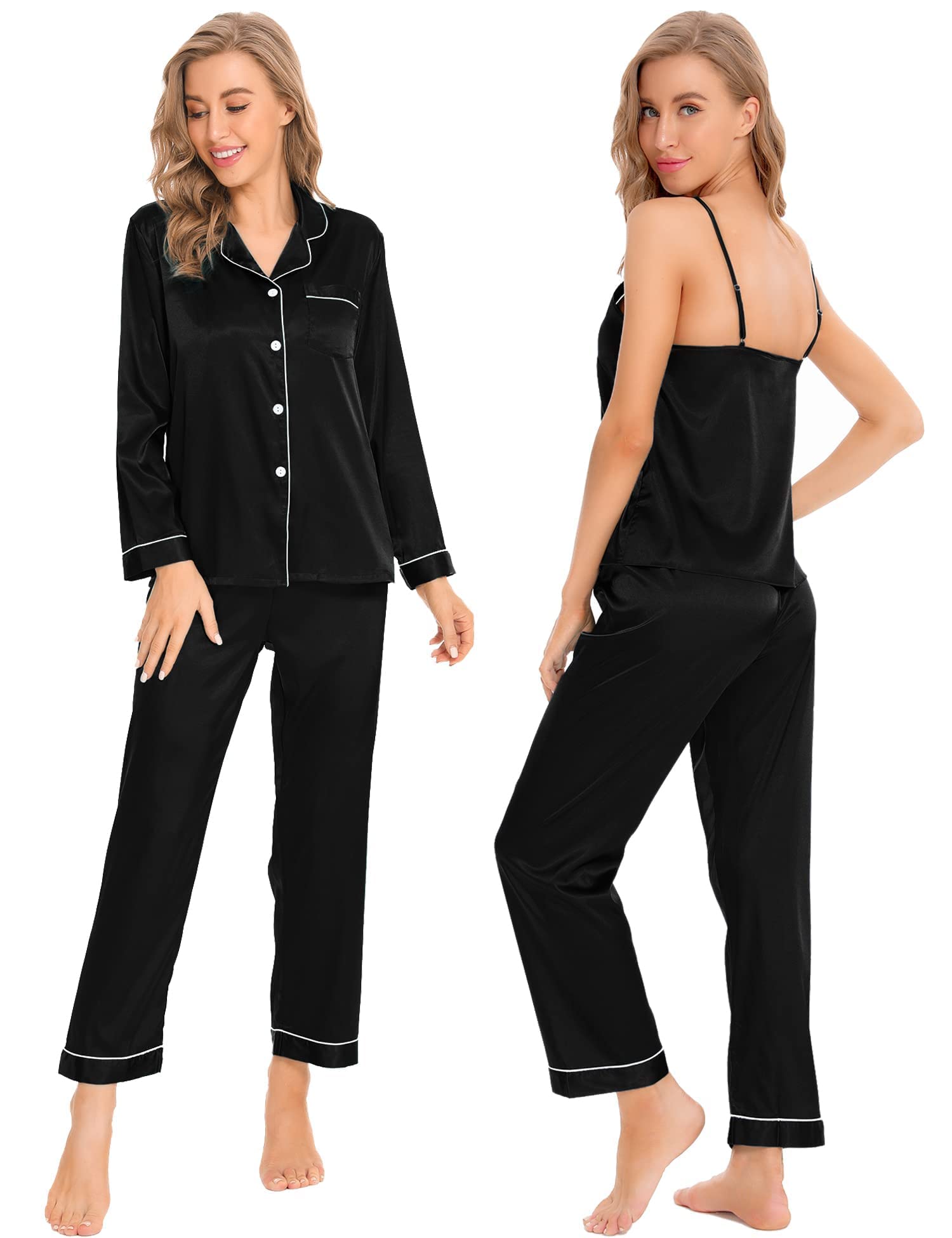 SWOMOG Women Satin Pajamas 4pcs Pajama Set Sexy Cami Shorts Set and Button Down Long Sleeve Pjs Loungewear Sleepwear Black,Small