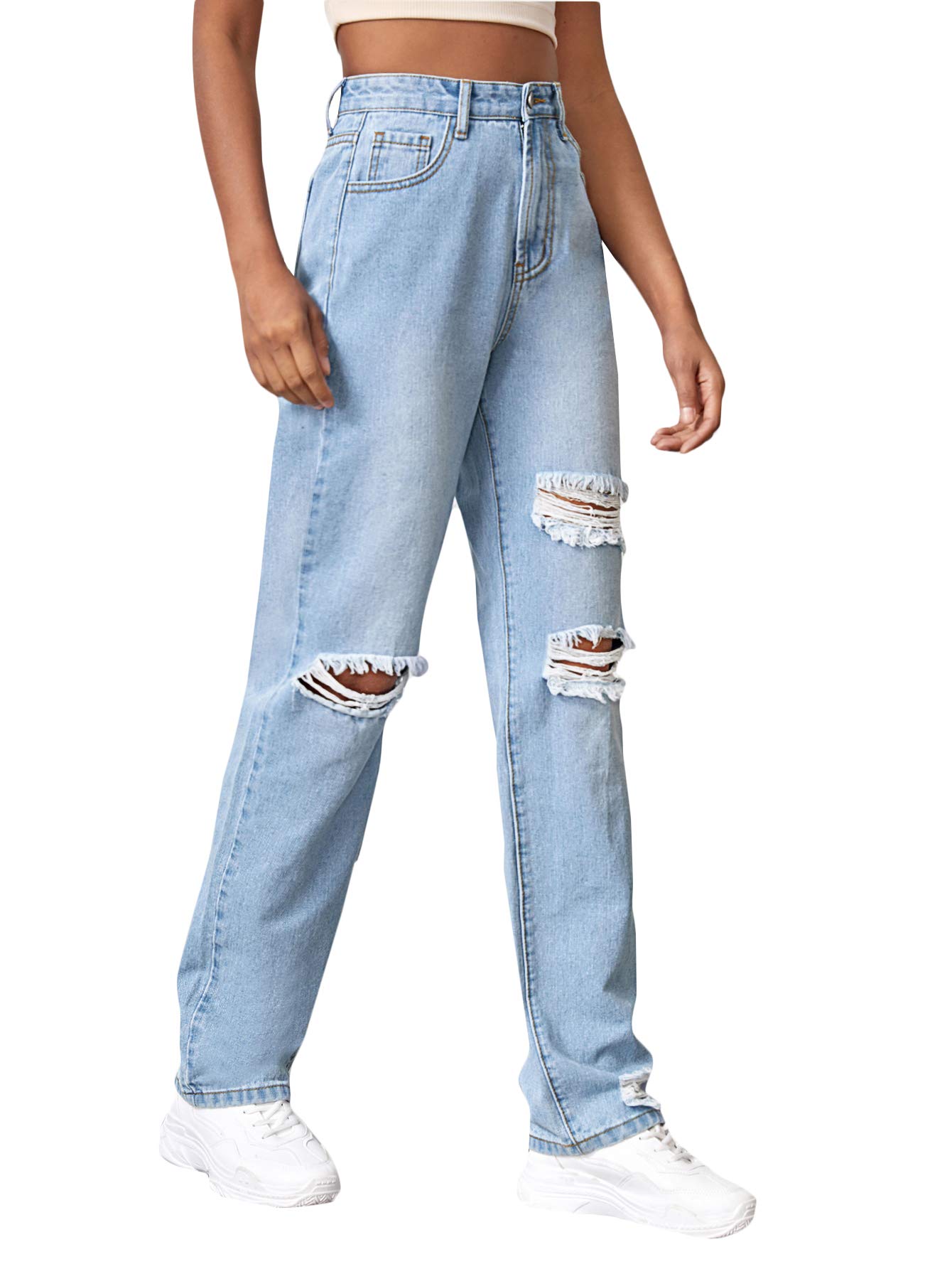 SweatyRocks Women's Ripped Straight Leg Jeans High Waist Distressed Cutout Denim Pants Light Blue S