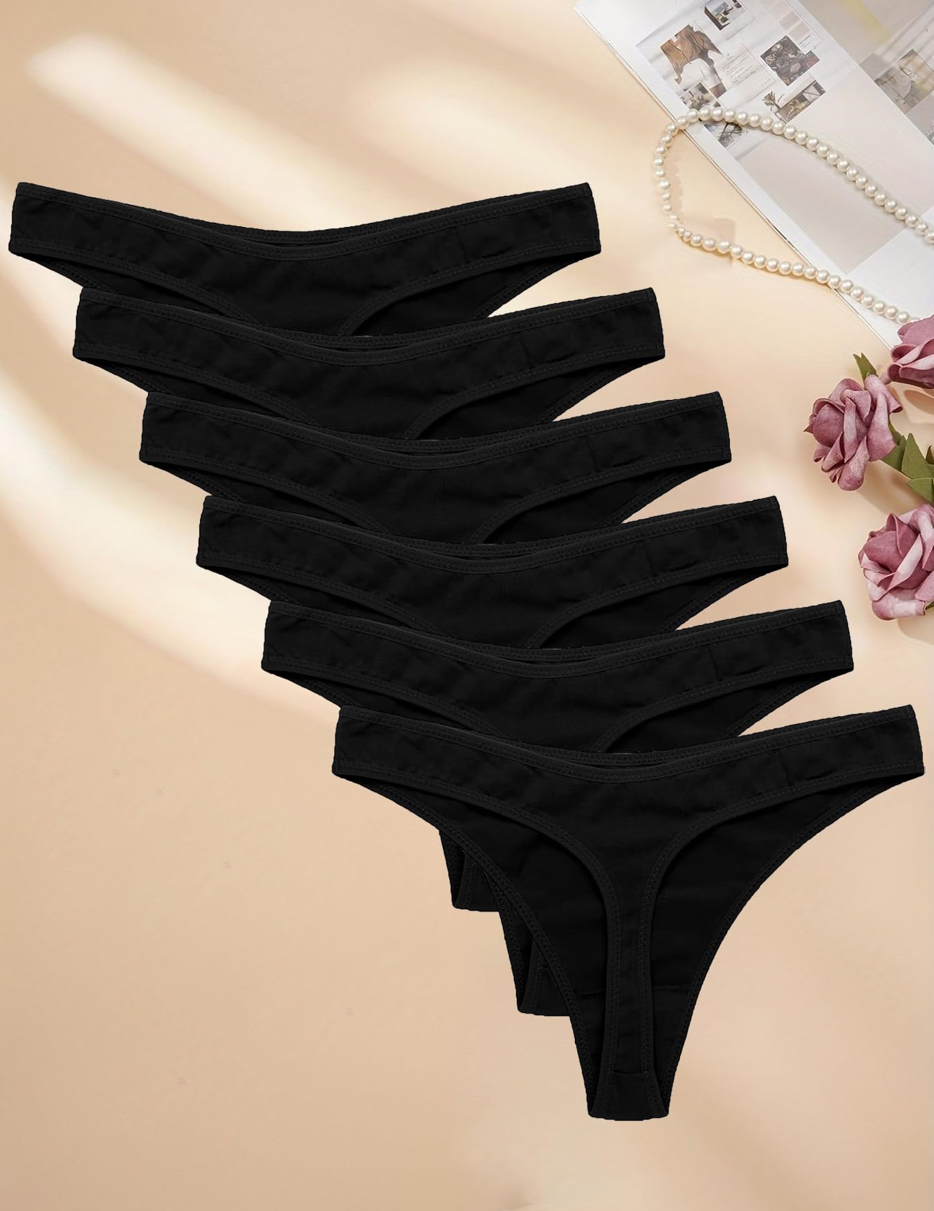 Ekouaer Thong Underwear Women Invisible Underpants No Show Seamless G-String Cotton Thongs 6 Pack Black XL Underwear
