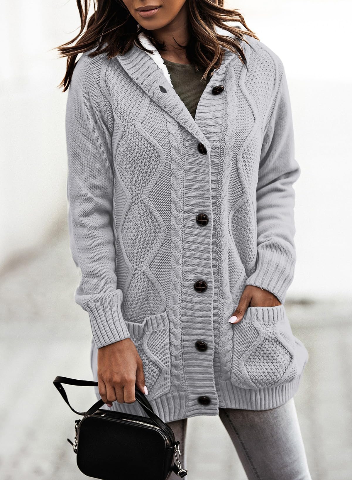 Sidefeel Women's Fleece Jackets Winter Coat Hooded Sweater Cardigans with Pockets 2024 Fashion Outfit Clothes Medium Gray