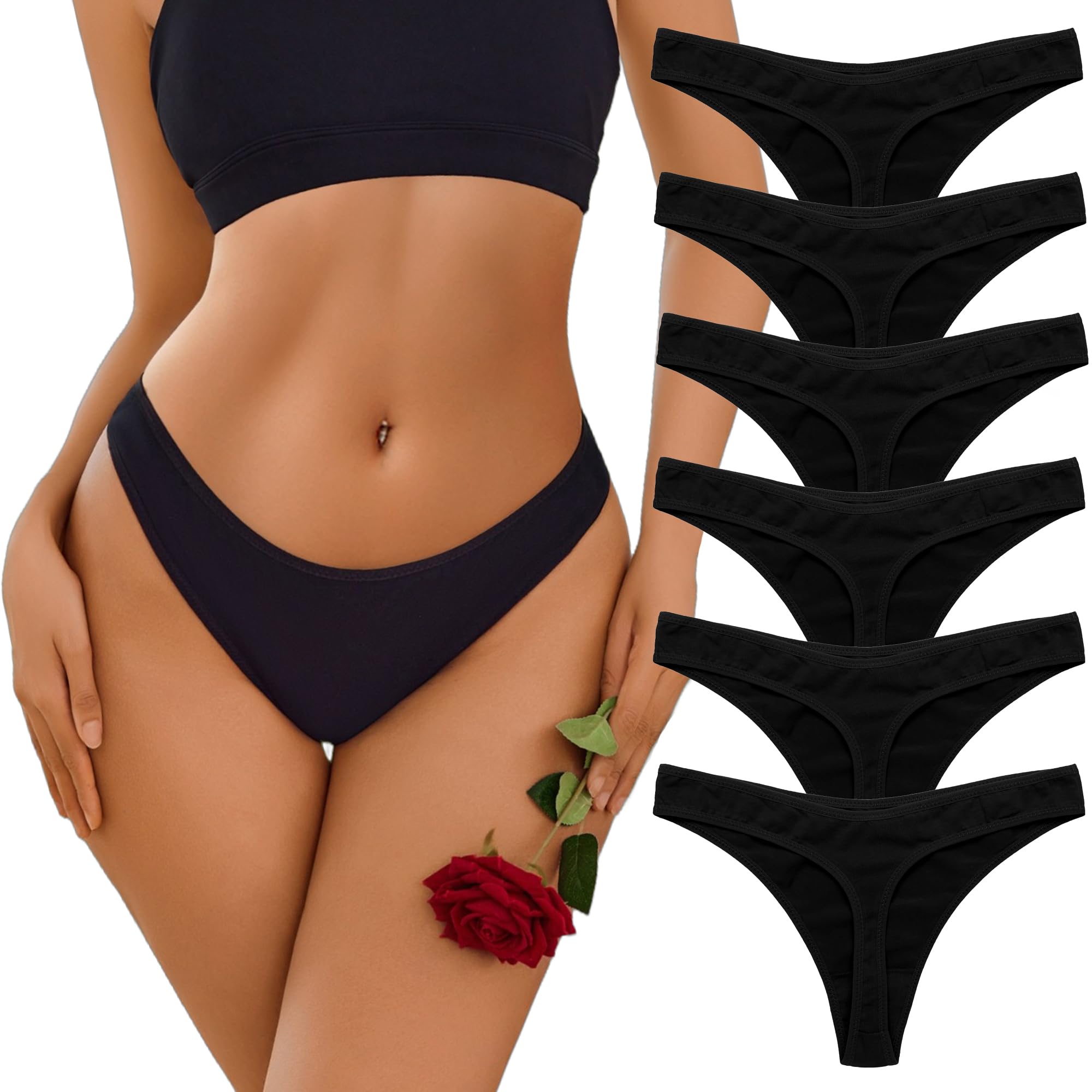 Ekouaer Thong Underwear Women Invisible Underpants No Show Seamless G-String Cotton Thongs 6 Pack Black XL Underwear