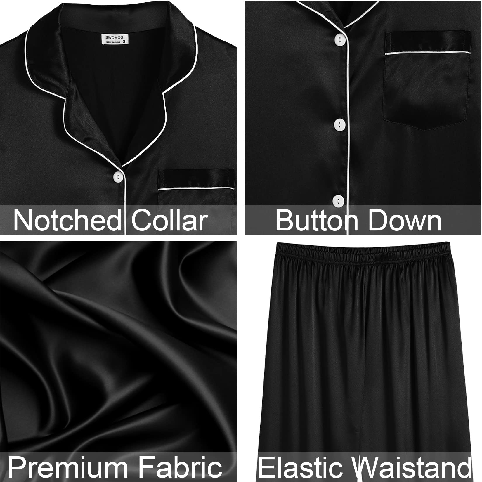 SWOMOG Women Satin Pajamas 4pcs Pajama Set Sexy Cami Shorts Set and Button Down Long Sleeve Pjs Loungewear Sleepwear Black,Small