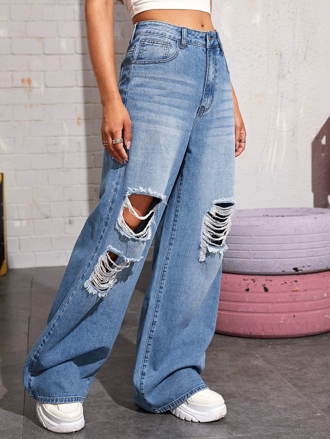 SweatyRocks Women's High Waist Distressed Ripped Baggy Loose Denim Jeans Blue S
