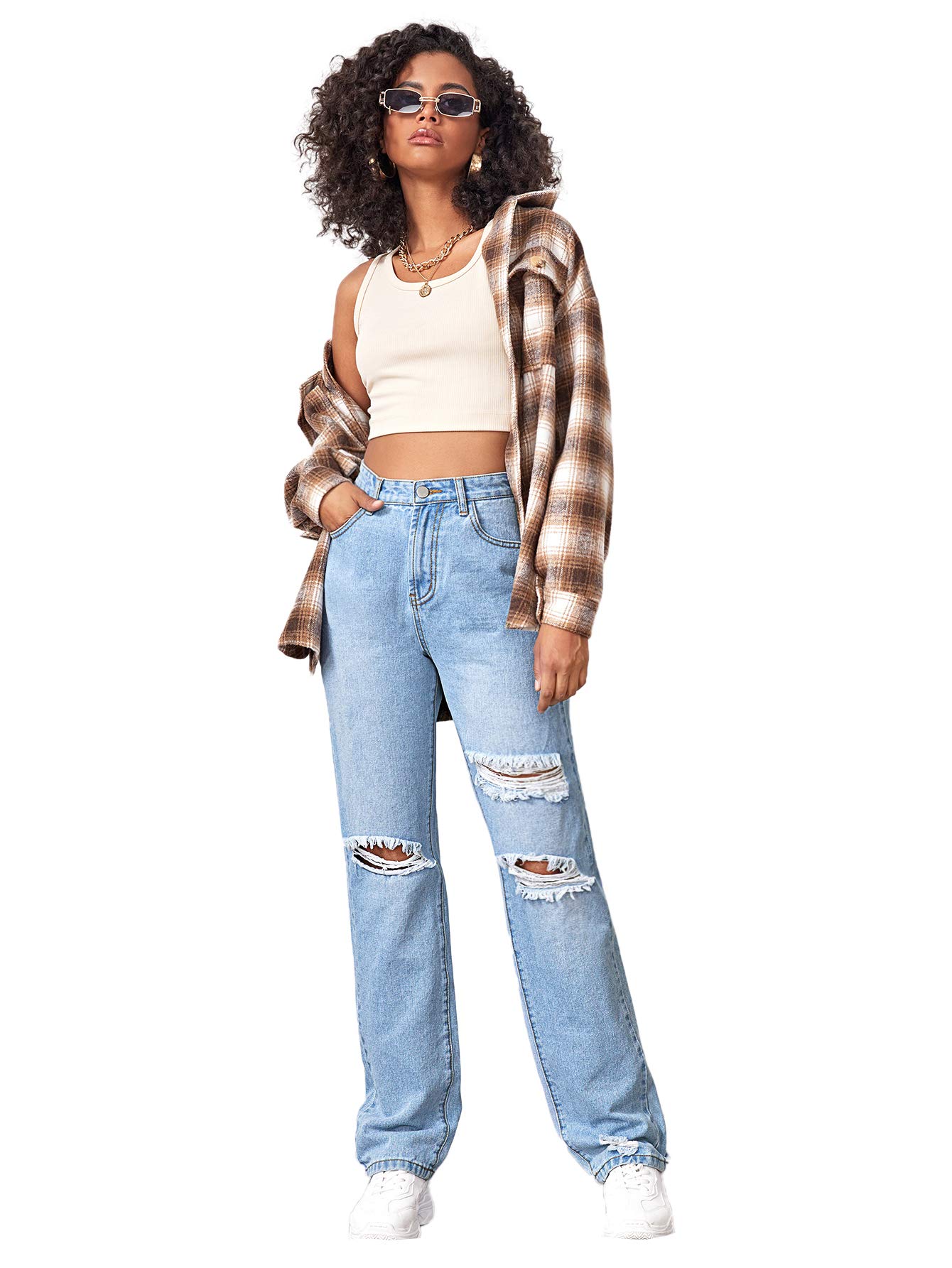 SweatyRocks Women's Ripped Straight Leg Jeans High Waist Distressed Cutout Denim Pants Light Blue S