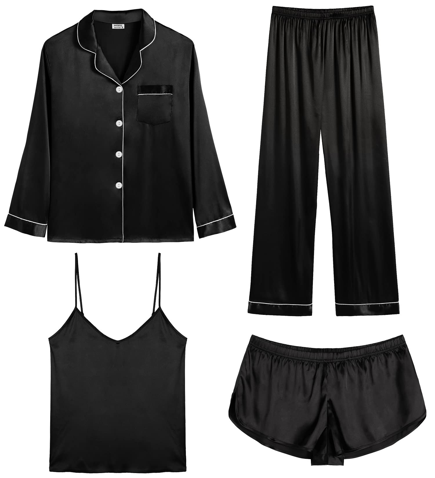SWOMOG Women Satin Pajamas 4pcs Pajama Set Sexy Cami Shorts Set and Button Down Long Sleeve Pjs Loungewear Sleepwear Black,Small