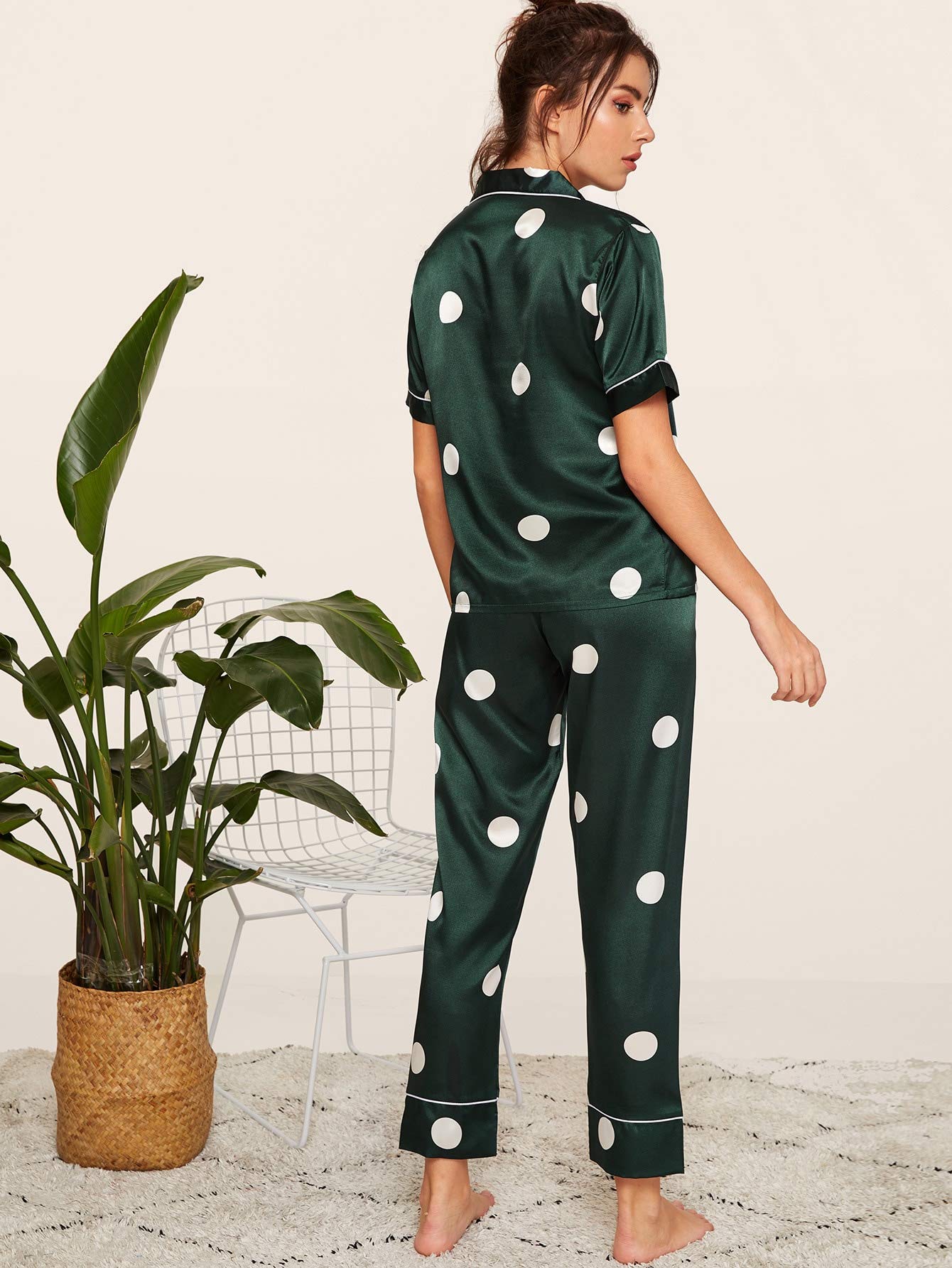 Floerns Women's Printed Two Piece Short Sleeve Sleepwear Long Pants Pajamas Sets Green Dot M