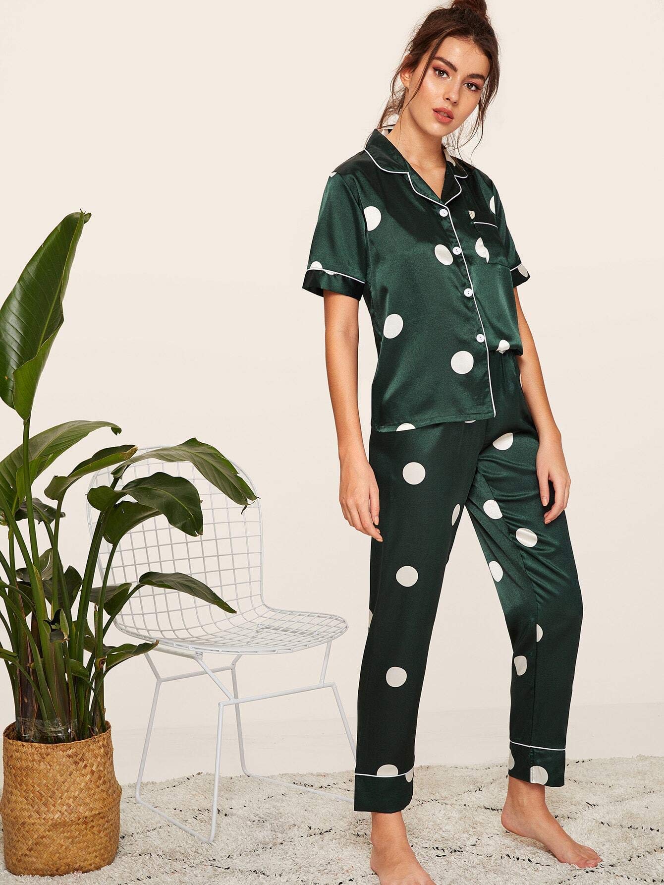 Floerns Women's Printed Two Piece Short Sleeve Sleepwear Long Pants Pajamas Sets Green Dot M