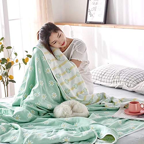 SANACYNA 6-Layer Gauze 100% Cotton Muslin Blanket Sunflower Queen Size 90"x90" Bed Blanket Lightweight Soft And Breathable Blanket For Sofa Bed Coverlet All Seasons Both sides (Green, Queen (90"x90"))