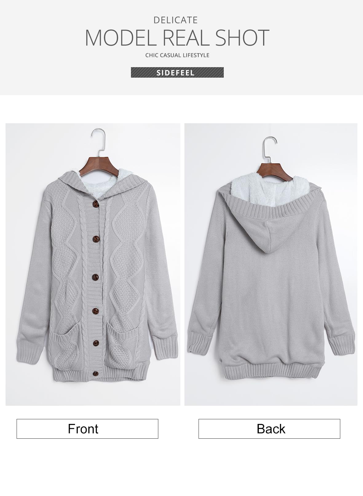 Sidefeel Women's Fleece Jackets Winter Coat Hooded Sweater Cardigans with Pockets 2024 Fashion Outfit Clothes Medium Gray