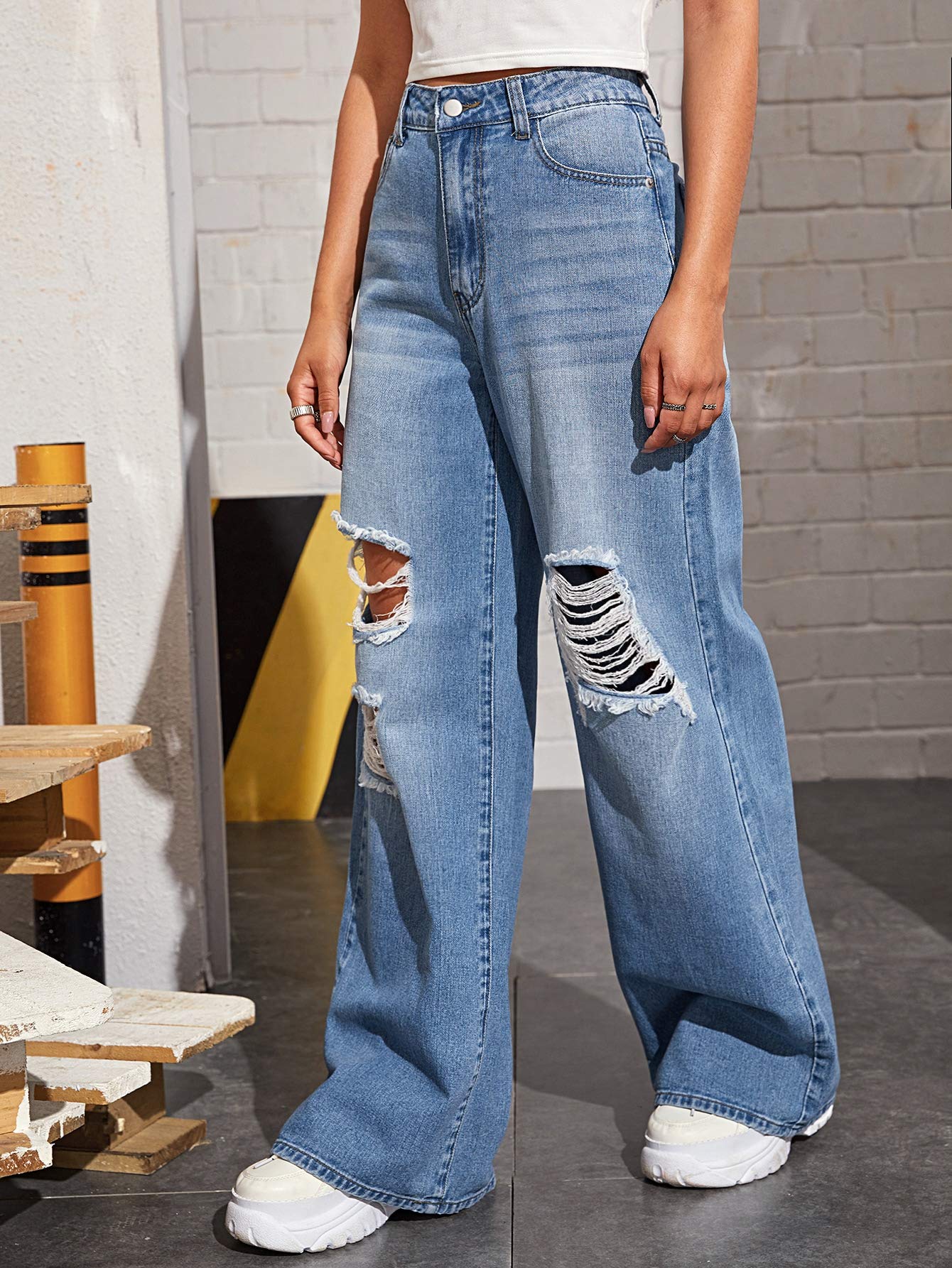 SweatyRocks Women's High Waist Distressed Ripped Baggy Loose Denim Jeans Blue S