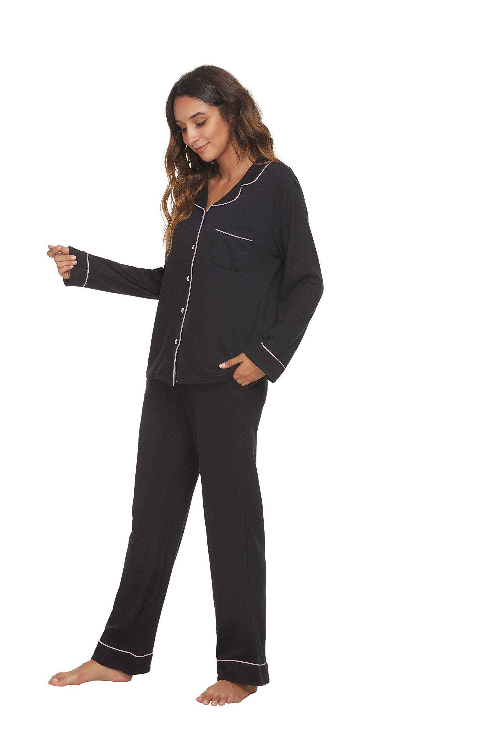 HEARTNICE Womens Pajama Set, Soft Long Sleeve Pajamas & Long Pants with Pockets, Warm Button-up Sleepwear Lightweight Lounge Pjs (Black-L, L)