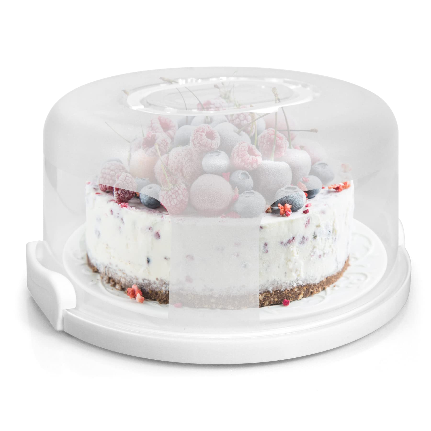 HOYA PONYOO Portable Cake Carrier with Handle, Round Cupcake Holder with Lid, Plastic Storage Container Box fit 10 inch Cake, 3-Locking Muffin and Pies Keeper with Cover (White)