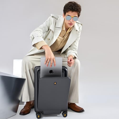 LEVEL8 Road Runner Pro Carry-On Luggage, 20β Lightweight PC Hardside Suitcase with Wheels, Spinner Trolley for Luggages with Front Compartment, Tsa Lock, Dark Grey