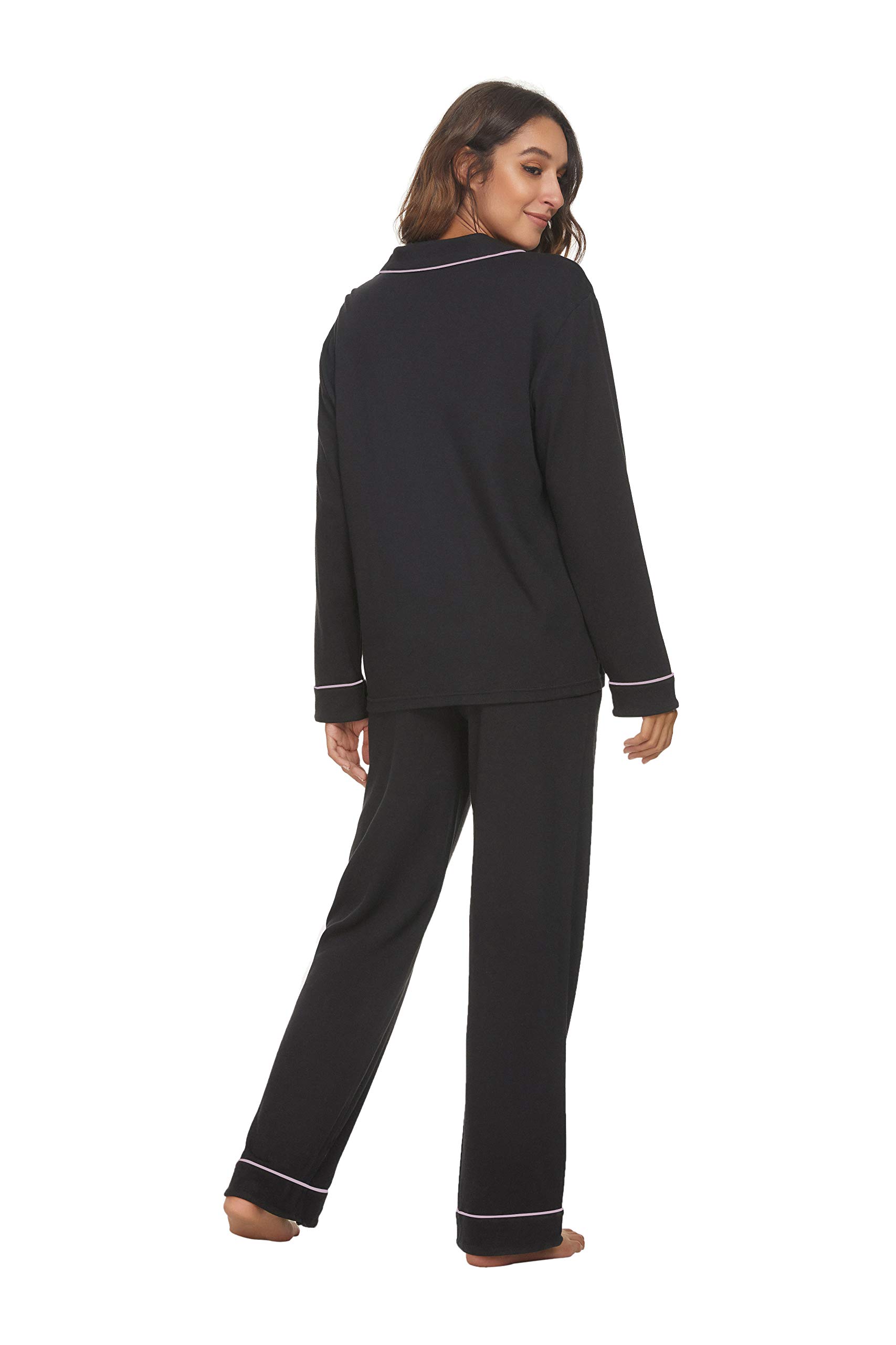 HEARTNICE Womens Pajama Set, Soft Long Sleeve Pajamas & Long Pants with Pockets, Warm Button-up Sleepwear Lightweight Lounge Pjs (Black-L, L)