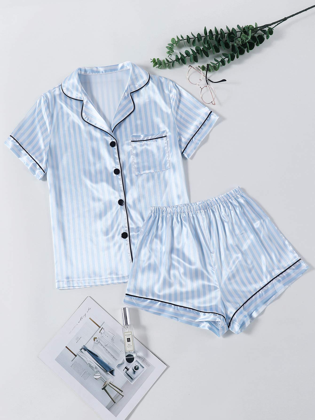 LYANER Women's Striped Silky Satin Pajamas Short Sleeve Top with Shorts Sleepwear PJ Set Light Blue Small