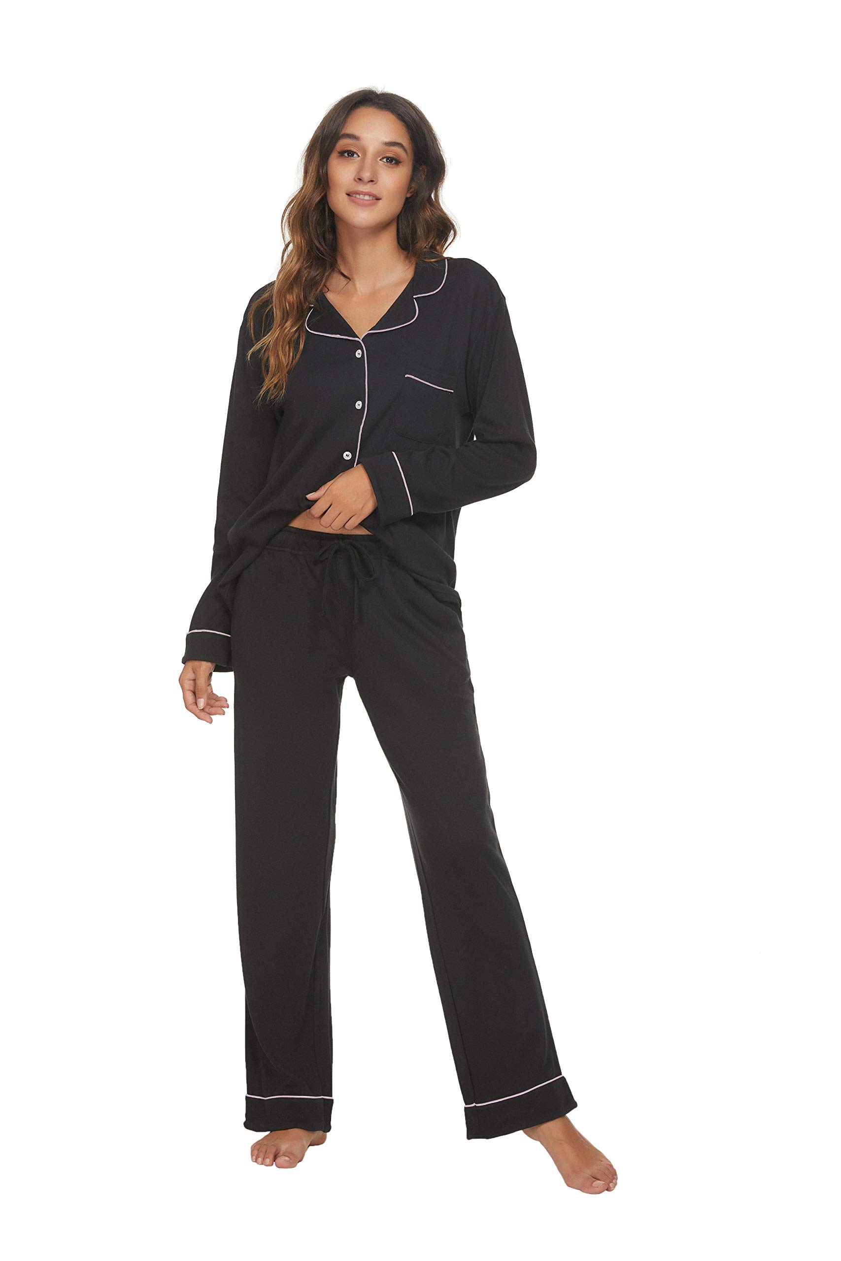 HEARTNICE Womens Pajama Set, Soft Long Sleeve Pajamas & Long Pants with Pockets, Warm Button-up Sleepwear Lightweight Lounge Pjs (Black-L, L)