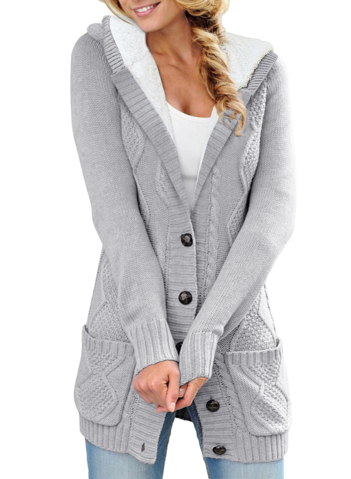 Sidefeel Women's Fleece Jackets Winter Coat Hooded Sweater Cardigans with Pockets 2024 Fashion Outfit Clothes Medium Gray