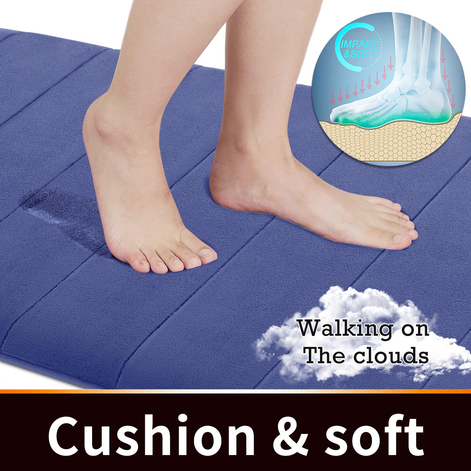Yimobra Memory Foam Bath Mat Large Size, 31.5 x 19.8, Super Soft Non-Slip Bathroom Rug, Water Absorption, Machine Wash, Thick, Comfortable, Easier to Dry for Bathroom Mat, Tub and Shower, Navy Blue