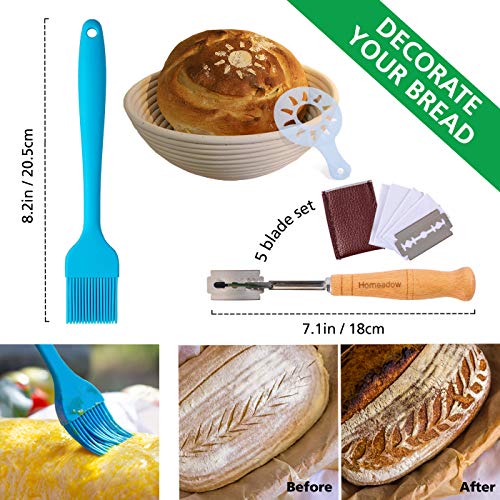 HOMEADOW Banneton Bread Proofing Basket For Rising Dough- 8 Pcs Kit: 10 inch Oval Brotform, Linen Liner, Bread Lame, Bench Scraper, Dough Scraper, Stencils, Silicone Baking Mat, Bread Bag | Sourdough