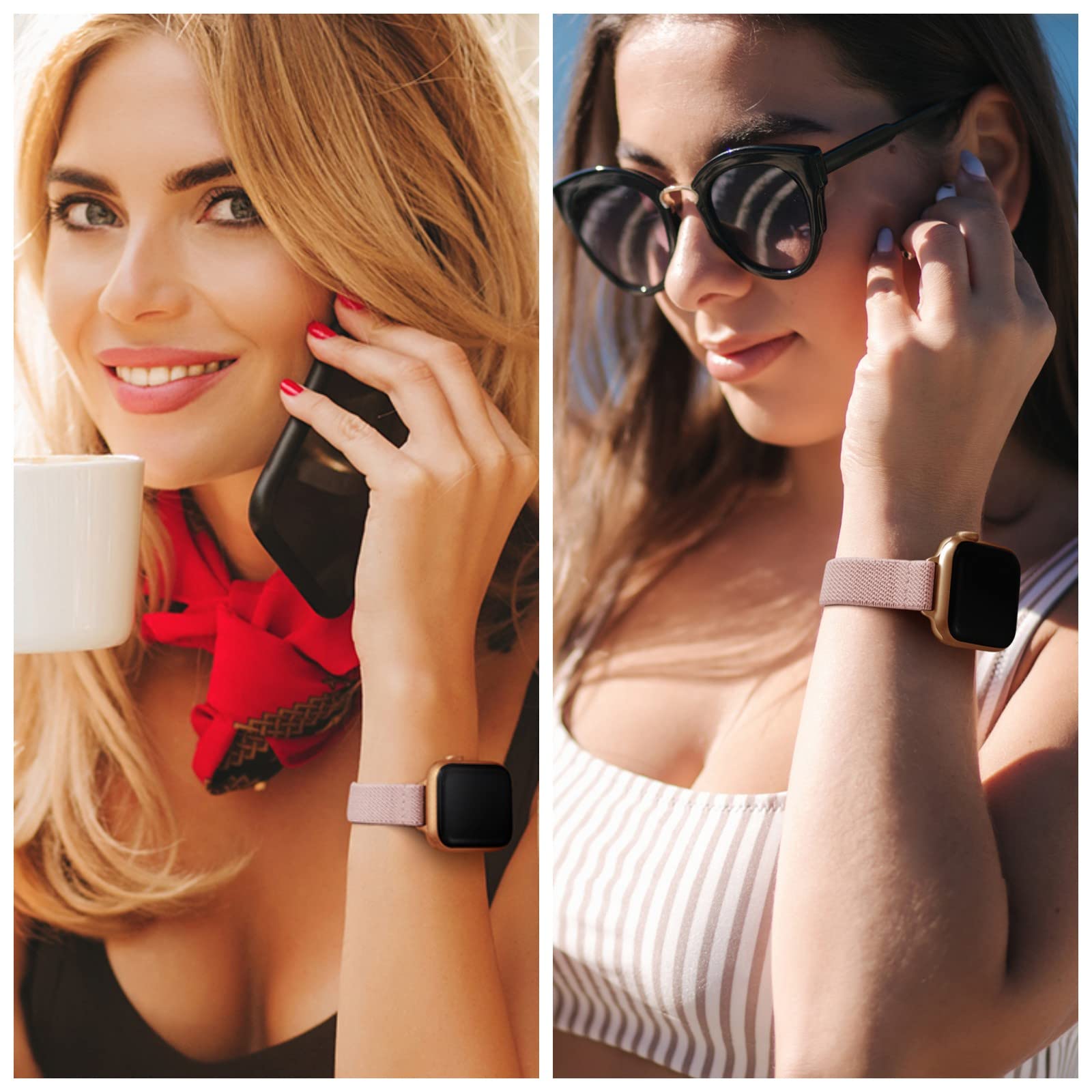 SICCIDEN Slim Stretchy Bands Compatible with Apple Watch Band 42mm 41mm 40mm 38mm, Women Elastics Nylon Thin Strap for iWatch SE2 SE Series 10 9 8 7 6 5 4 3 2 1 (Pink Sand/Rose Gold)