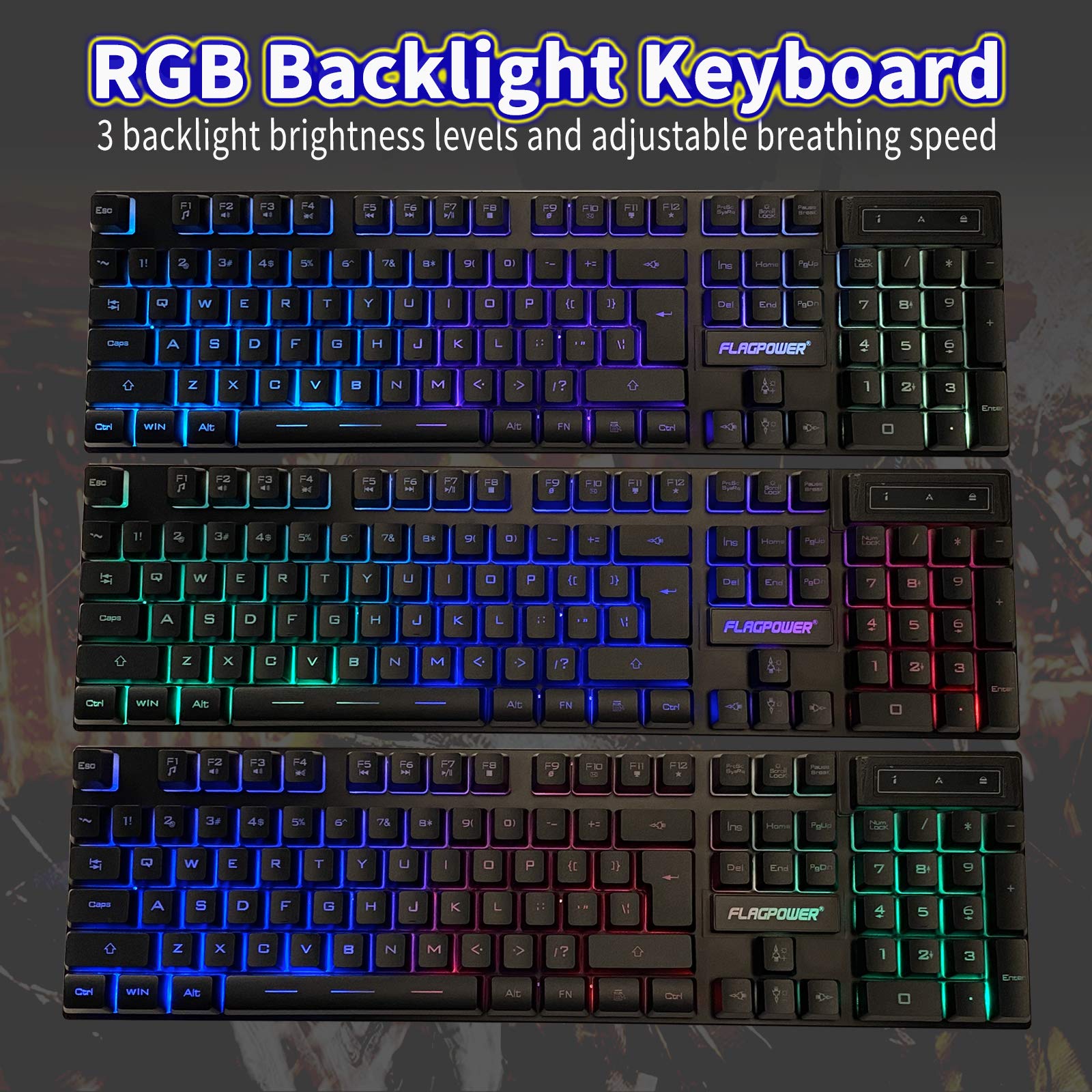 FLAGPOWER Gaming Keyboard and Mouse, Gaming Mouse Pad Combo, 3 Colors Changeable Backlit Mechanical Feeling Keyboard with 4 Colors Breathing LED Backlight Mouse for PC Laptop Computer Game and Work