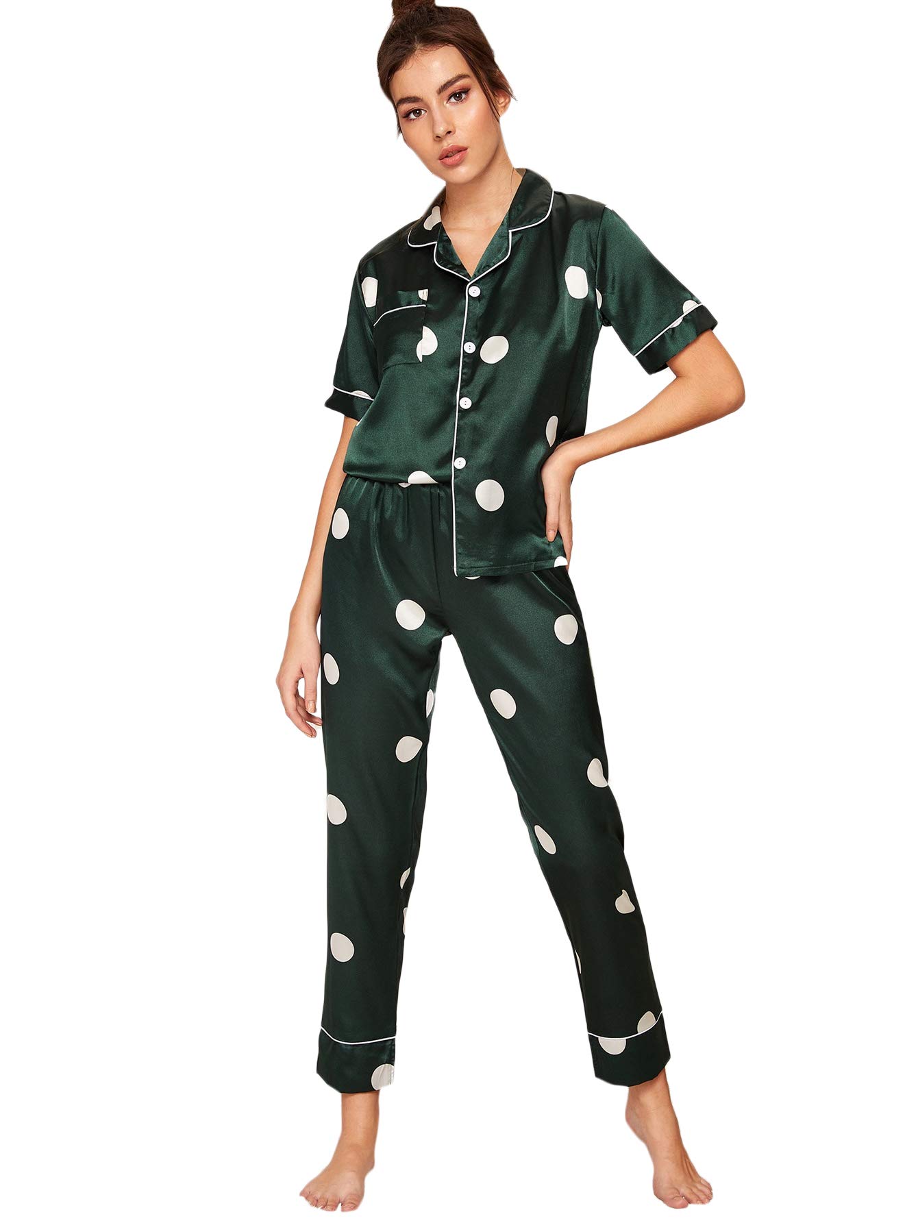 Floerns Women's Printed Two Piece Short Sleeve Sleepwear Long Pants Pajamas Sets Green Dot M