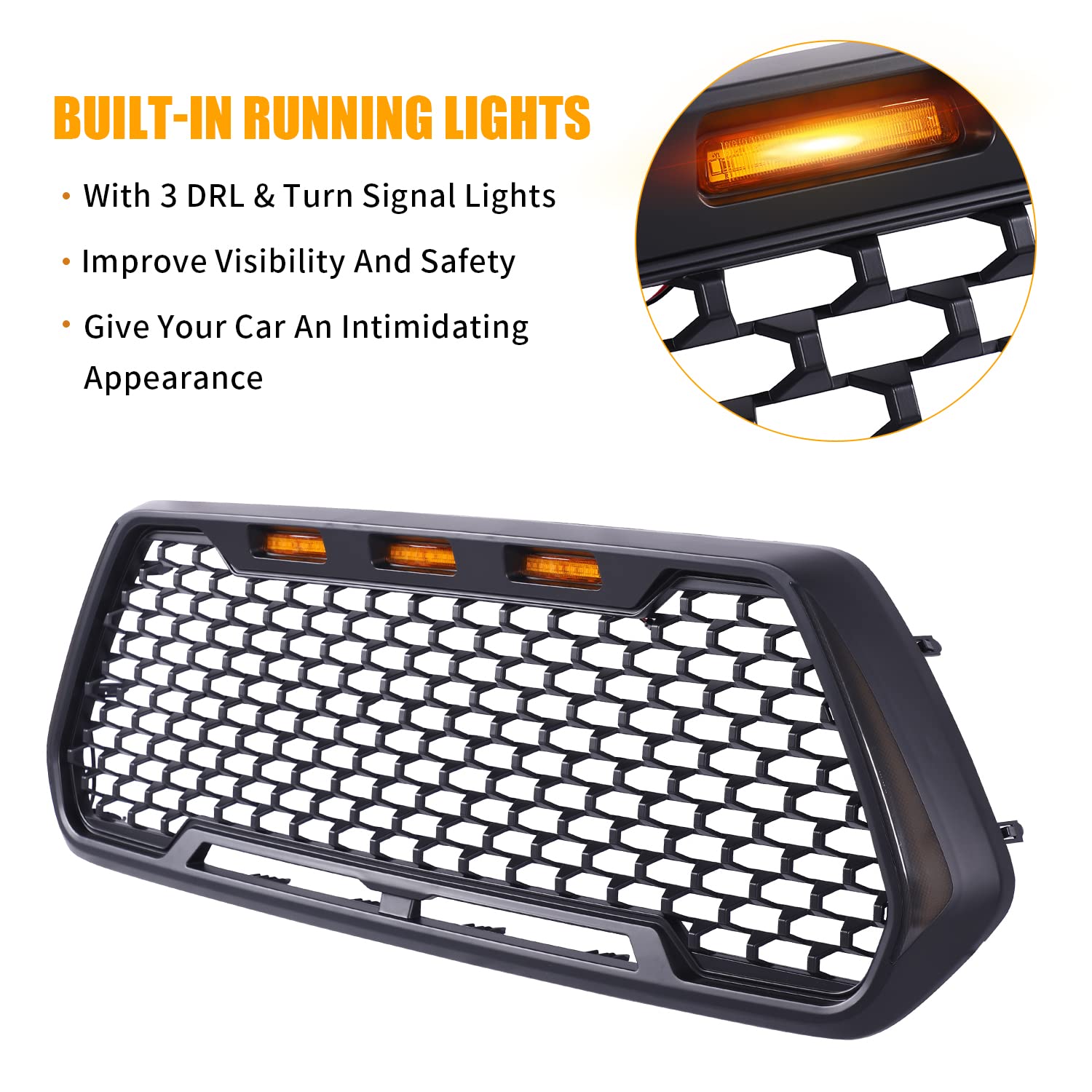 ToxicStorm Mesh Grille Front Grill Matte Black Compatible for Toyota Tacoma 2016-2019 with DRL & Turn Signal Lights and 3 Amber LED Lights