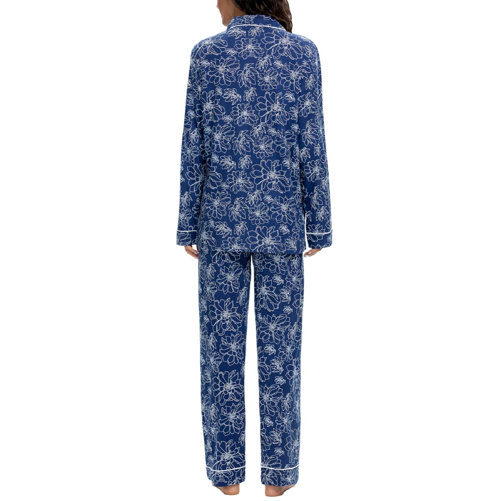 Tugege Pajamas Set Long Sleeve Sleepwear Womens Button Down Nightwear Pj Sets (Deep Blue Peony, XX-Large)