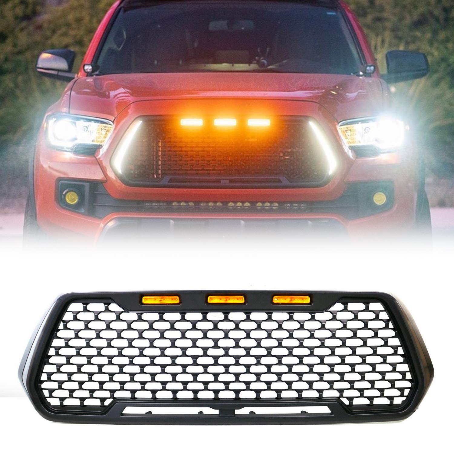 ToxicStorm Mesh Grille Front Grill Matte Black Compatible for Toyota Tacoma 2016-2019 with DRL & Turn Signal Lights and 3 Amber LED Lights