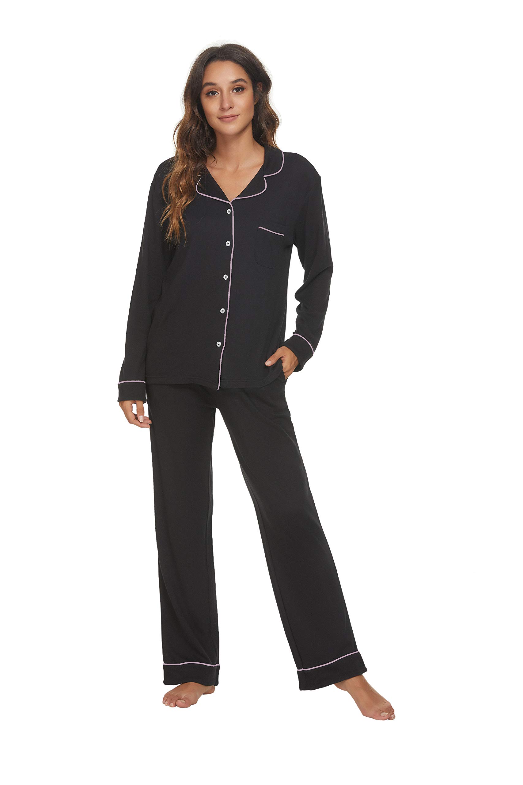 HEARTNICE Womens Pajama Set, Soft Long Sleeve Pajamas & Long Pants with Pockets, Warm Button-up Sleepwear Lightweight Lounge Pjs (Black-L, L)