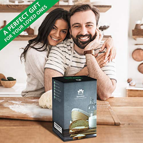 HOMEADOW Banneton Bread Proofing Basket For Rising Dough- 8 Pcs Kit: 10 inch Oval Brotform, Linen Liner, Bread Lame, Bench Scraper, Dough Scraper, Stencils, Silicone Baking Mat, Bread Bag | Sourdough