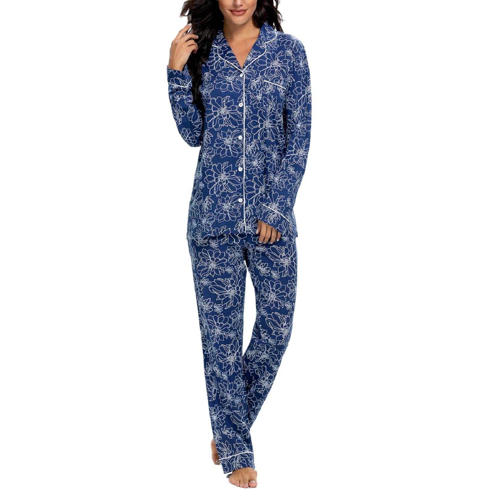 Tugege Pajamas Set Long Sleeve Sleepwear Womens Button Down Nightwear Pj Sets (Deep Blue Peony, XX-Large)