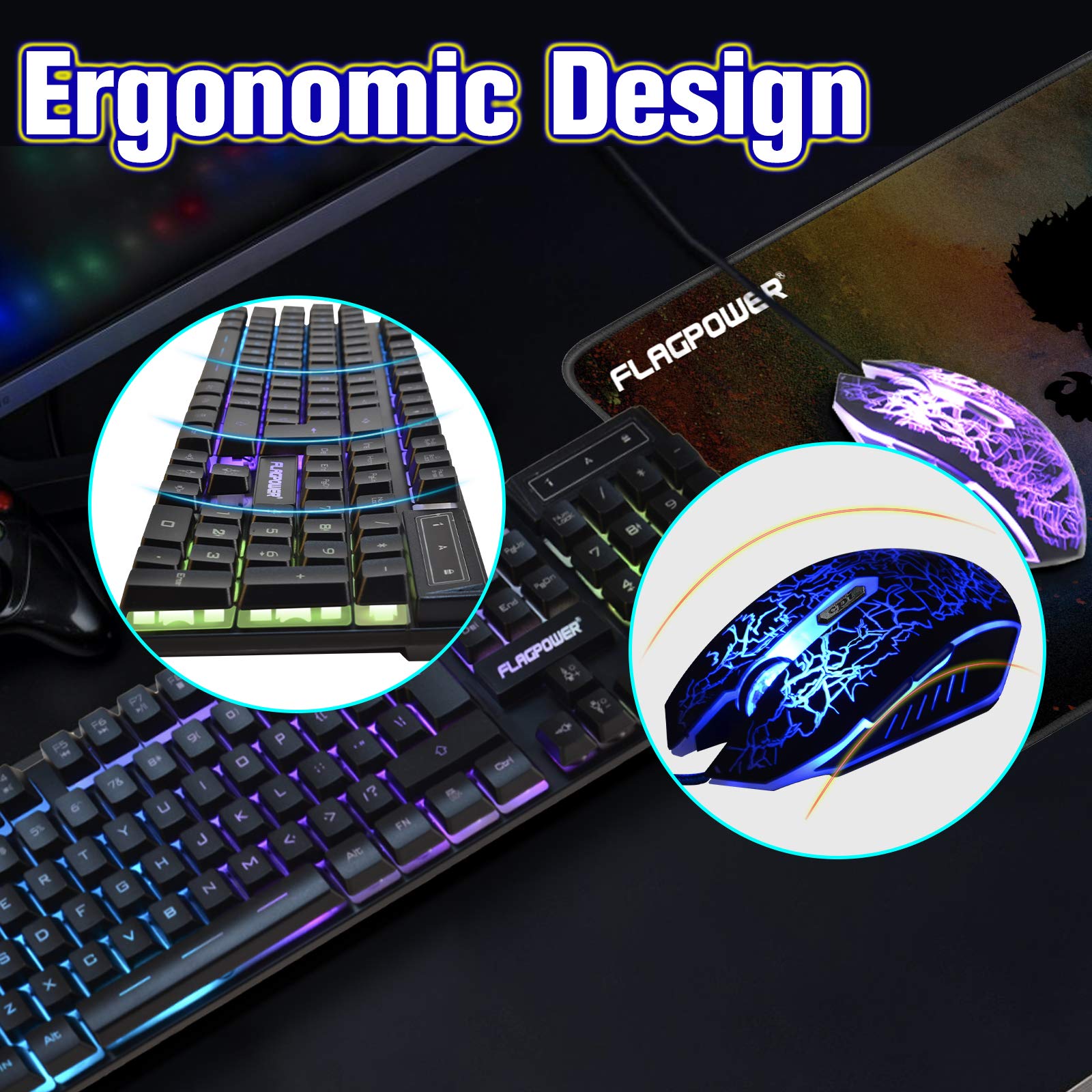 FLAGPOWER Gaming Keyboard and Mouse, Gaming Mouse Pad Combo, 3 Colors Changeable Backlit Mechanical Feeling Keyboard with 4 Colors Breathing LED Backlight Mouse for PC Laptop Computer Game and Work
