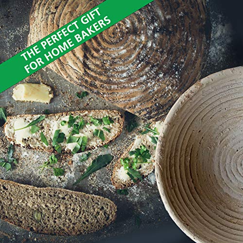 HOMEADOW Banneton Bread Proofing Basket For Rising Dough- 8 Pcs Kit: 10 inch Oval Brotform, Linen Liner, Bread Lame, Bench Scraper, Dough Scraper, Stencils, Silicone Baking Mat, Bread Bag | Sourdough