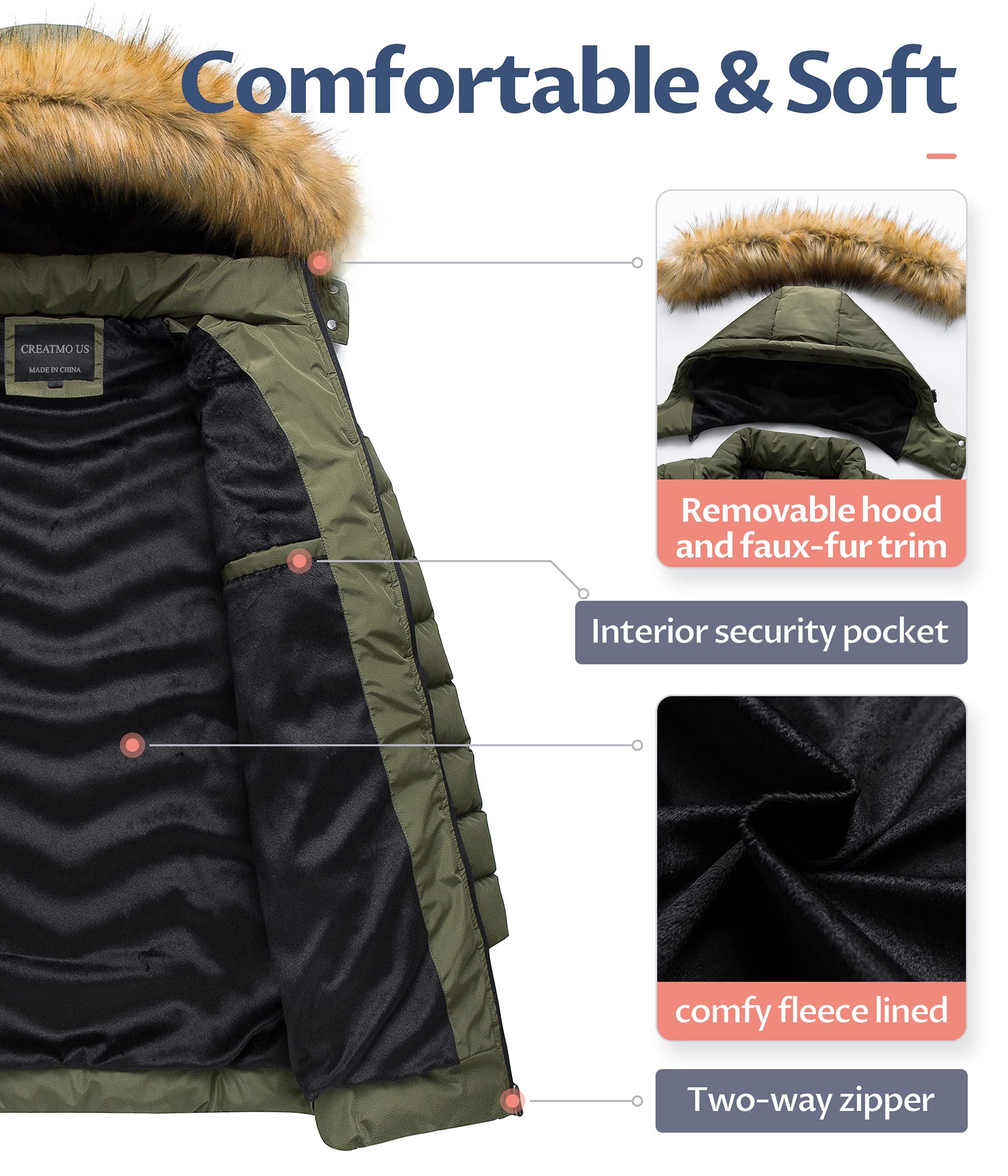 CREATMO US Women's Hooded Puffer Jacket Water-Resistant Insulated Quilted Coat Army Green XL