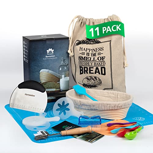 HOMEADOW Banneton Bread Proofing Basket For Rising Dough- 8 Pcs Kit: 10 inch Oval Brotform, Linen Liner, Bread Lame, Bench Scraper, Dough Scraper, Stencils, Silicone Baking Mat, Bread Bag | Sourdough