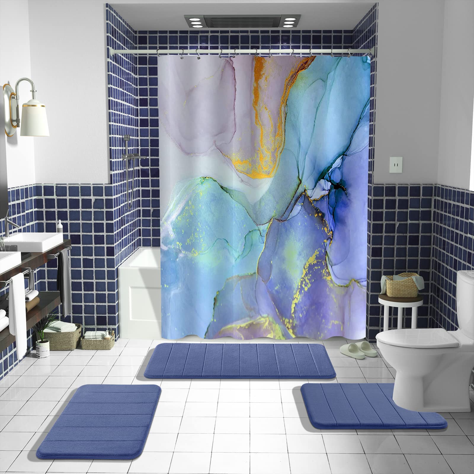 Yimobra Memory Foam Bath Mat Large Size, 31.5 x 19.8, Super Soft Non-Slip Bathroom Rug, Water Absorption, Machine Wash, Thick, Comfortable, Easier to Dry for Bathroom Mat, Tub and Shower, Navy Blue