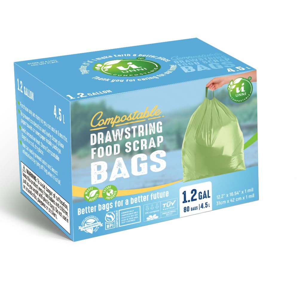 UNNI Compostable Drawstring Bags, 1.2 Gallon, 4.5 Liter, 80 Count, Heavy Duty 1 Mil, Samll Kitchen Food Scrap Waste Bags, ASTM D6400, US BPI, CMA and Europe OK Compost Certified, San Francisco