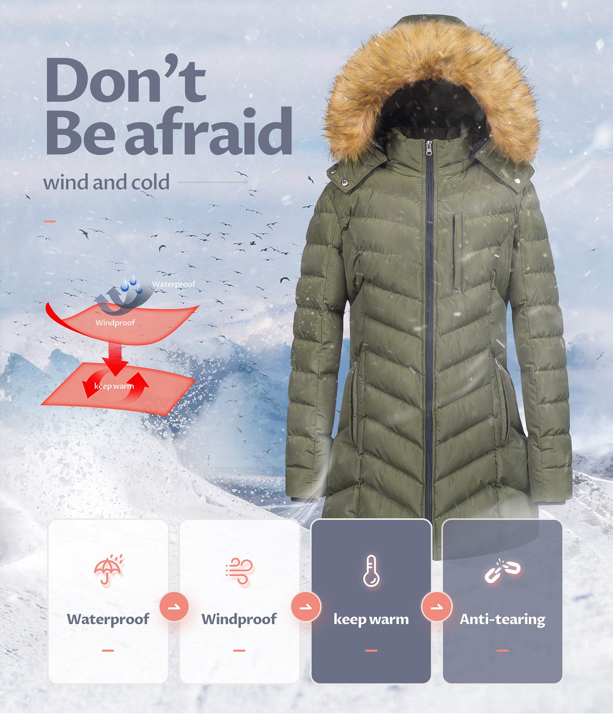 CREATMO US Women's Hooded Puffer Jacket Water-Resistant Insulated Quilted Coat Army Green XL
