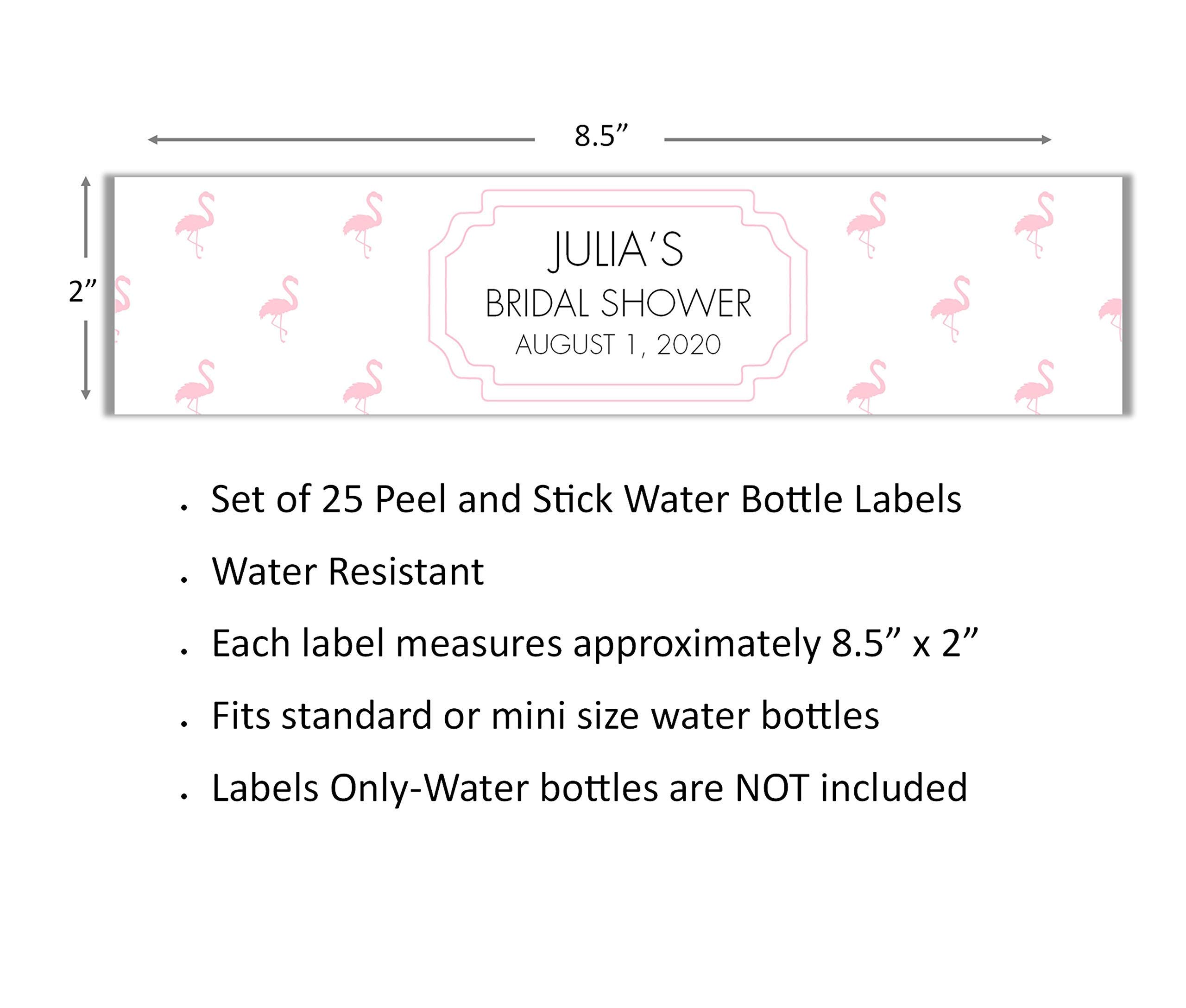 Pink Flamingo Pattern Personalized Water Bottle Labels, Pack of 25 Peel and Stick Waterproof Wrappers for Birthday Party Favors